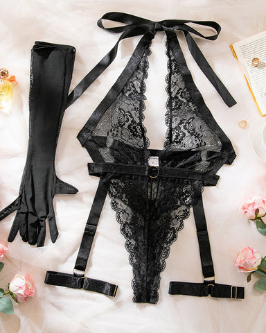 Sexy Deep V-neck Halter Neck Lace Sheer Bodysuit with Garter Belt and ...